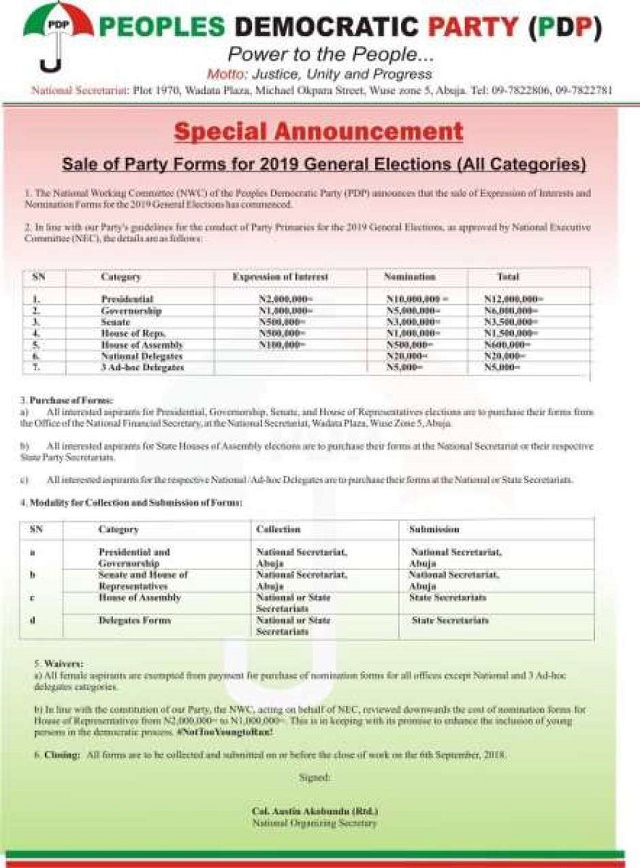 PDP Reveals How Much It Costs To Obtain, Presidential, Governorship and ...