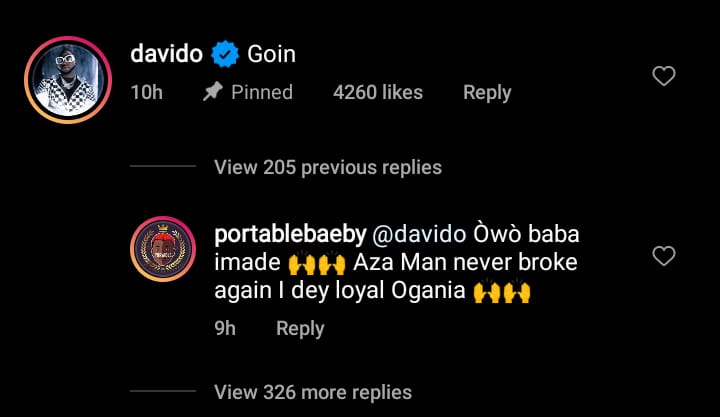 "Owo Baba Imade, I dey loyal Ogania”- Excited Portable reacts as Davido leaves comment on his ...