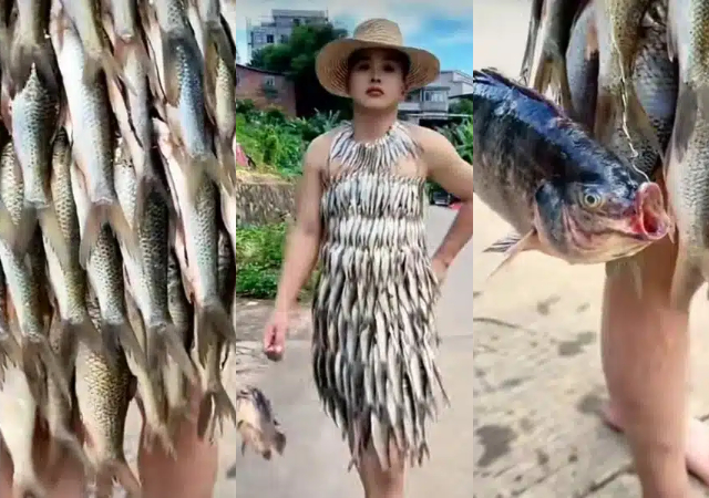 Caucasian lady trends after rocking outfit made entirely of raw fish ...